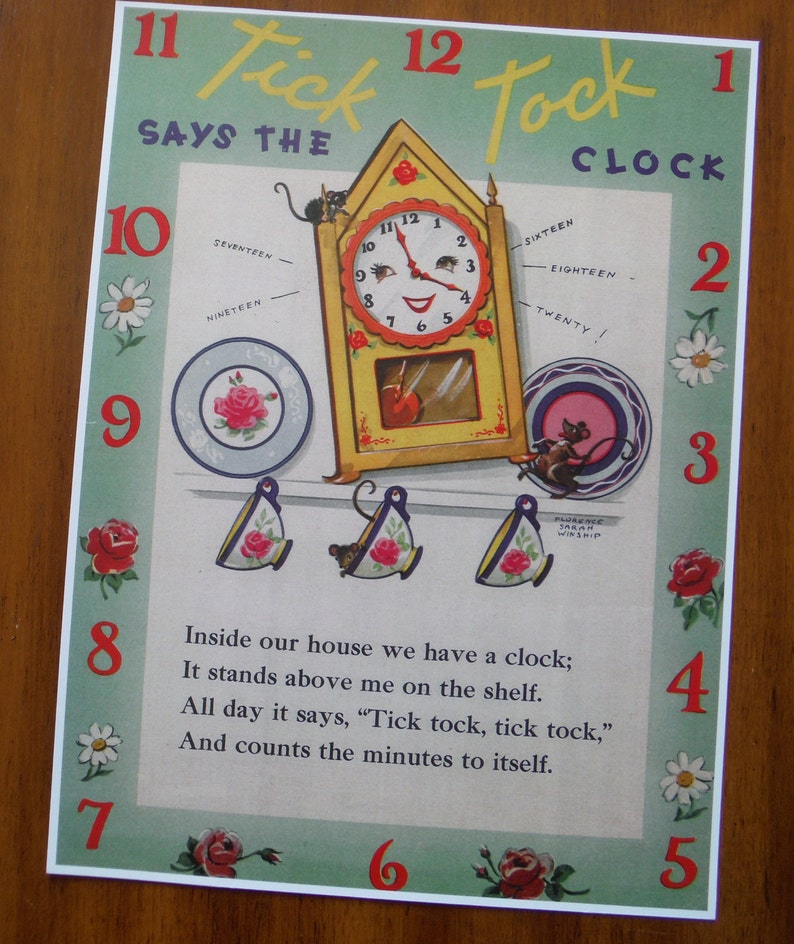 Vintage Children's 1940's Tick Tock Clock Print - '40's Children's Wall ...