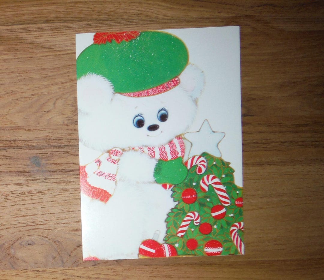 Vintage Cute Teddy Bear Christmas Card - '70's Mod Glossy Cute Child's ...