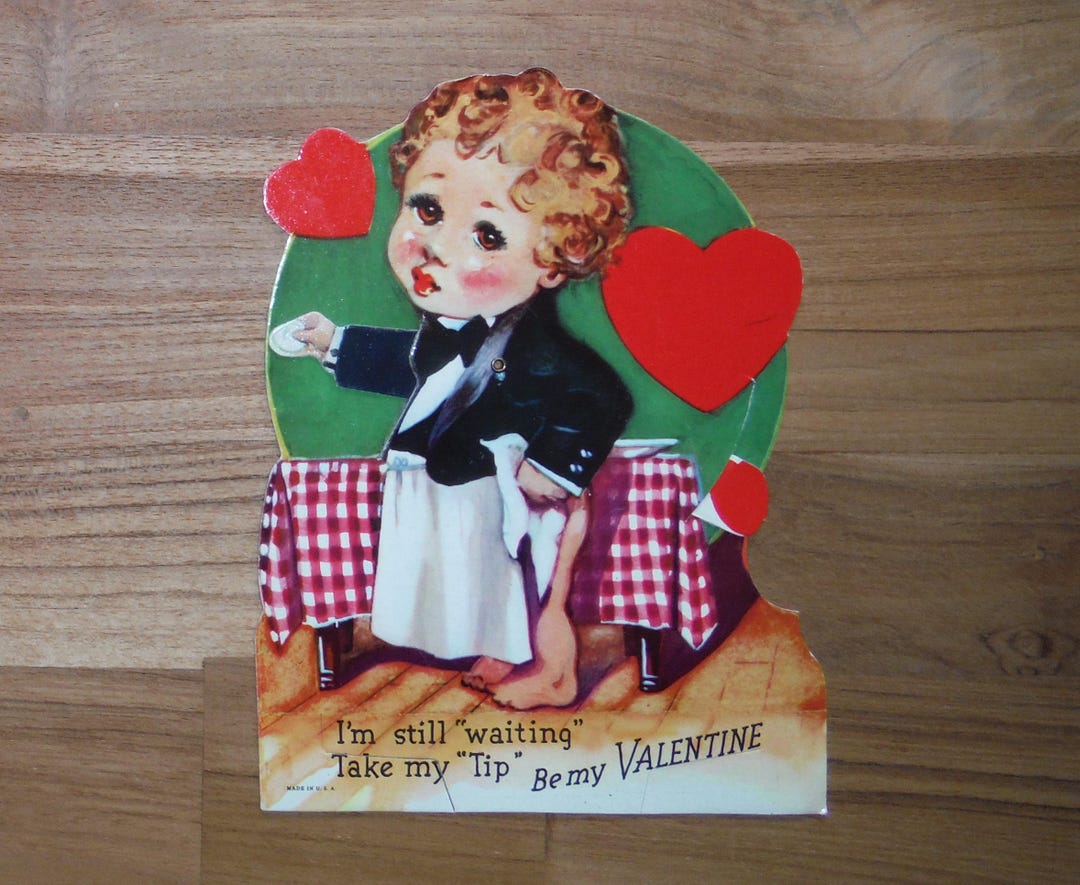 Cute Whimsical Antique 1930's Waiter Valentine Card - '30's Cardboard ...