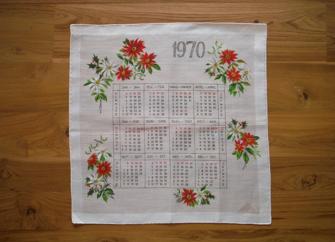 Vintage 1970 Calendar Hankie - 1970's Months of the Year Christnas ...
