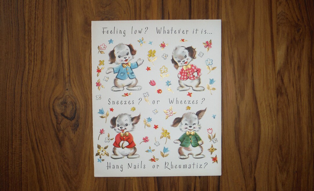 Vintage 1960's Get Well Card '60's Whimsical Cute Puppy Dogs for Your ...