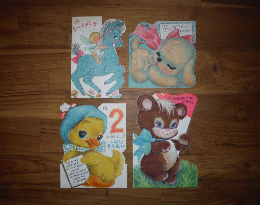 4 Vintage Flocked Children's Cards - Cute Flocked Fuzzy Fairy Duckling ...