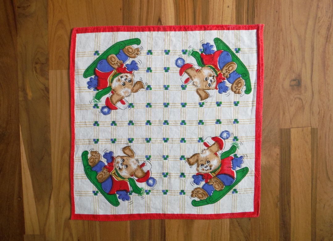 Vintage Bunny Rabbit Sled Child's Hankie - 1960's Rabbits Toboggan Ride ...