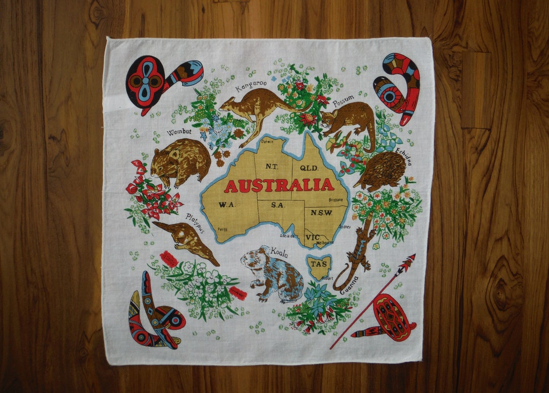 Vintage Australian Map Hankie - Australia Animals Koala Kangaroo Flowers Handkerchief - Map of ...