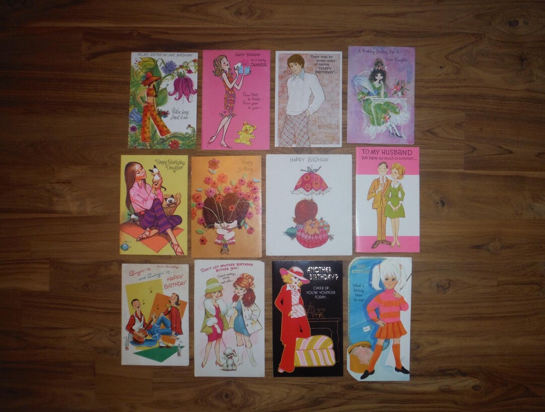 12 Vintage Mod Birthday Greeting Cards Lot - 1960's - 1980's Groovy ...