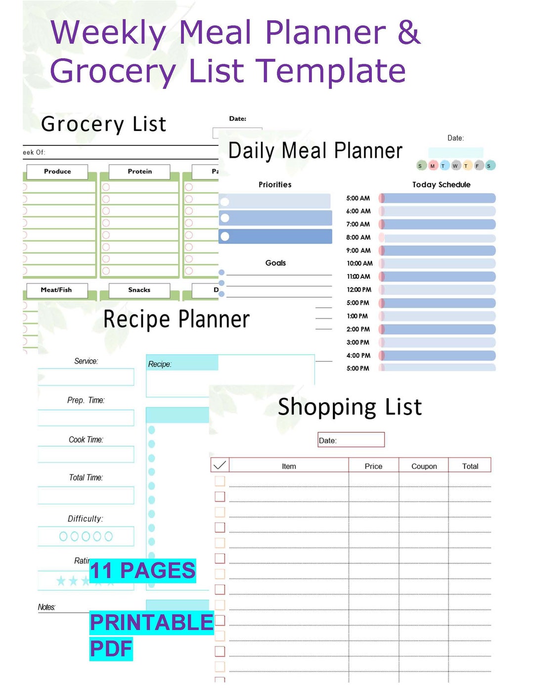 Weekly Meal Plan and Grocery List Template - Printable PDF - Etsy