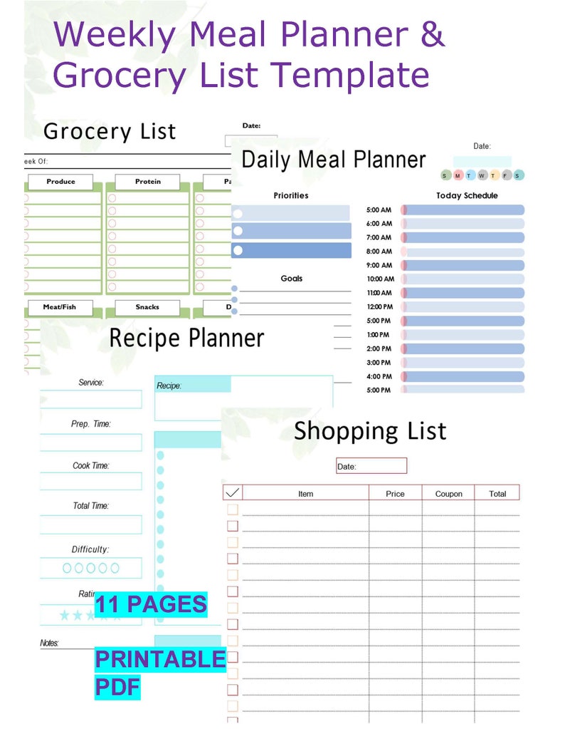 Weekly Meal Plan and Grocery List Template - Printable PDF - Etsy