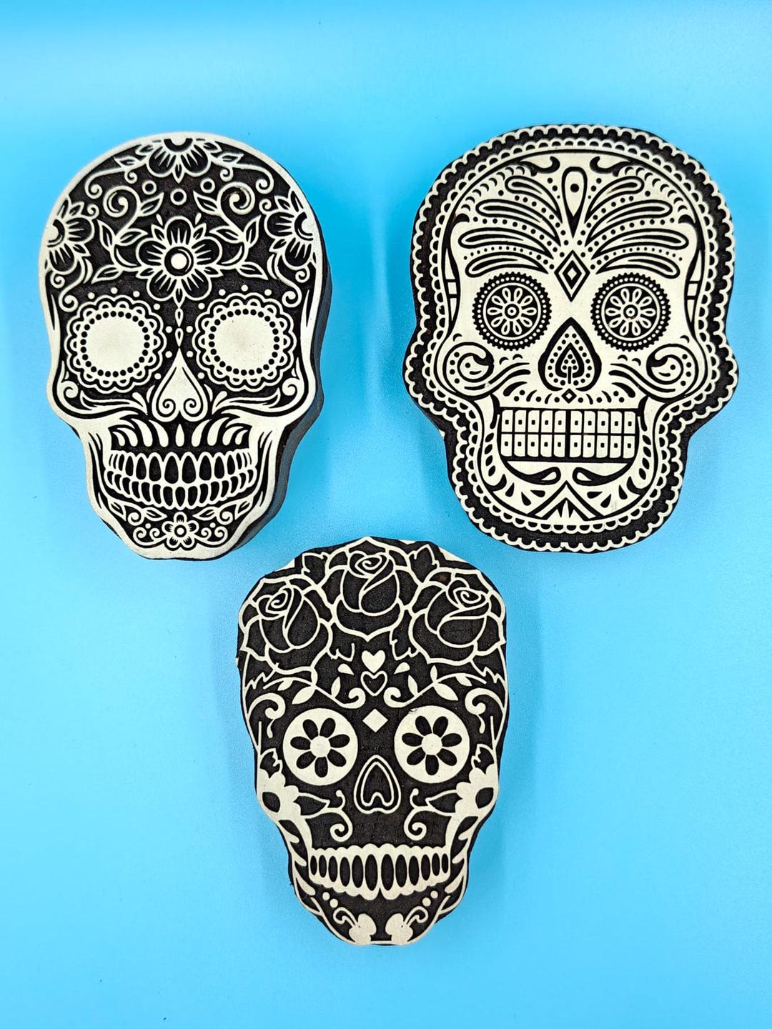 Trio of Sugar Skull :indian Wooden Printing Block, Hand Carved Indian ...