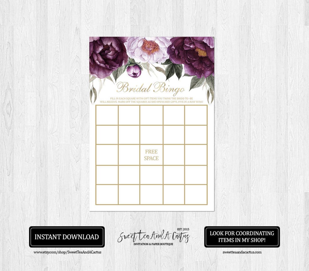 Purple Floral Bridal Bingo Shower Game Violet Plum Flower - Etsy