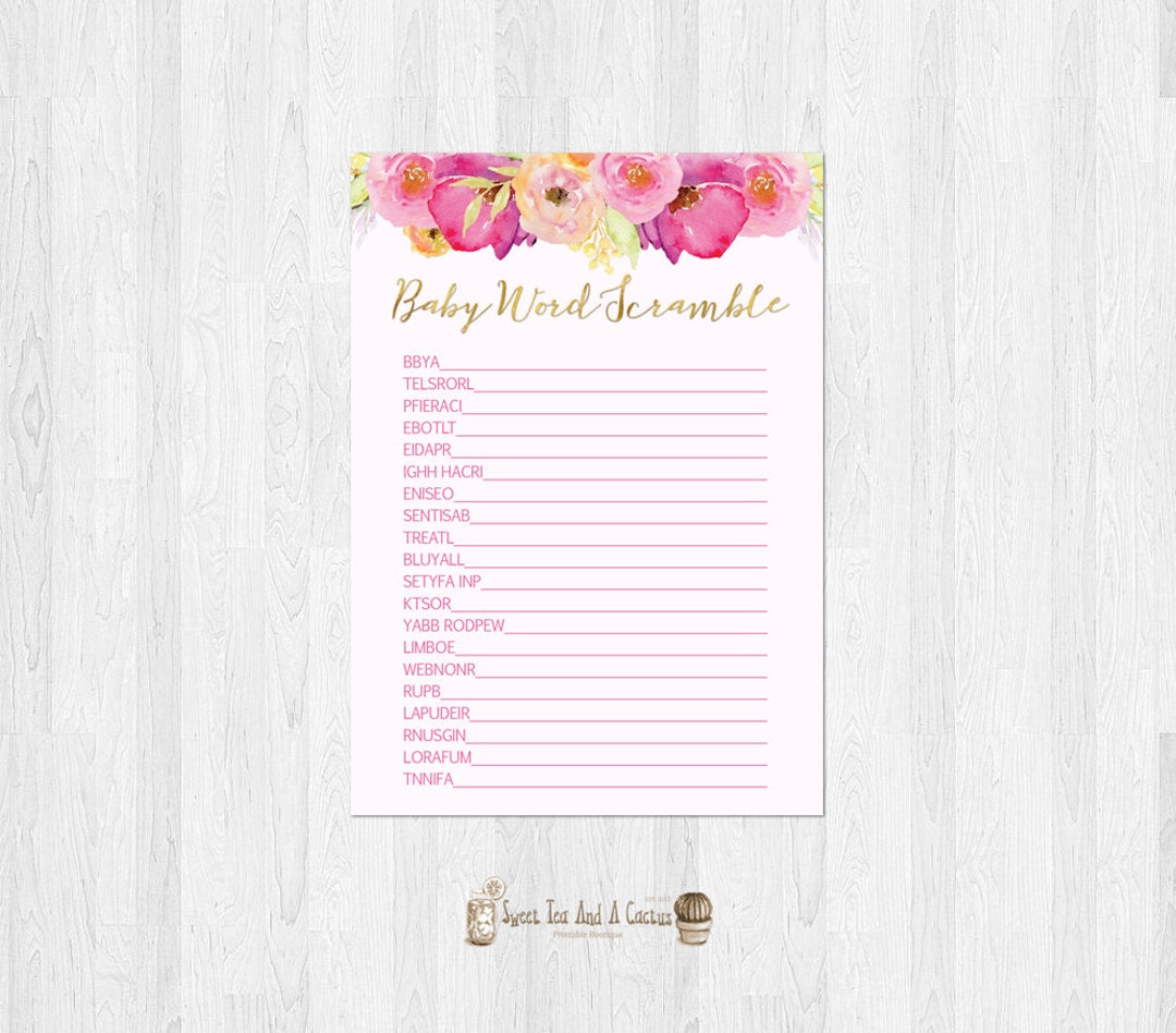 Baby Shower Word Scramble Pink and Gold Floral Printable Digital File ...