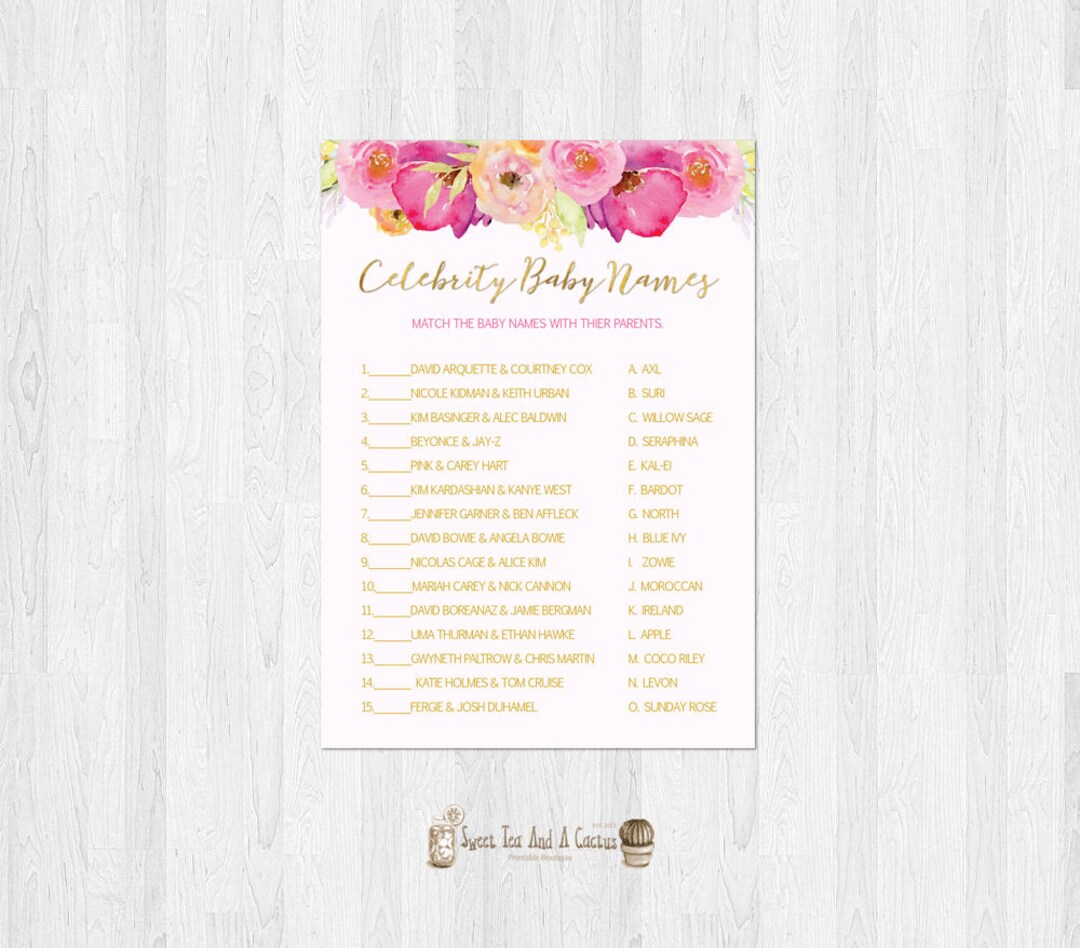 Pink Floral Baby Shower Celebrity Baby Names Match Game Elegant Pink ...