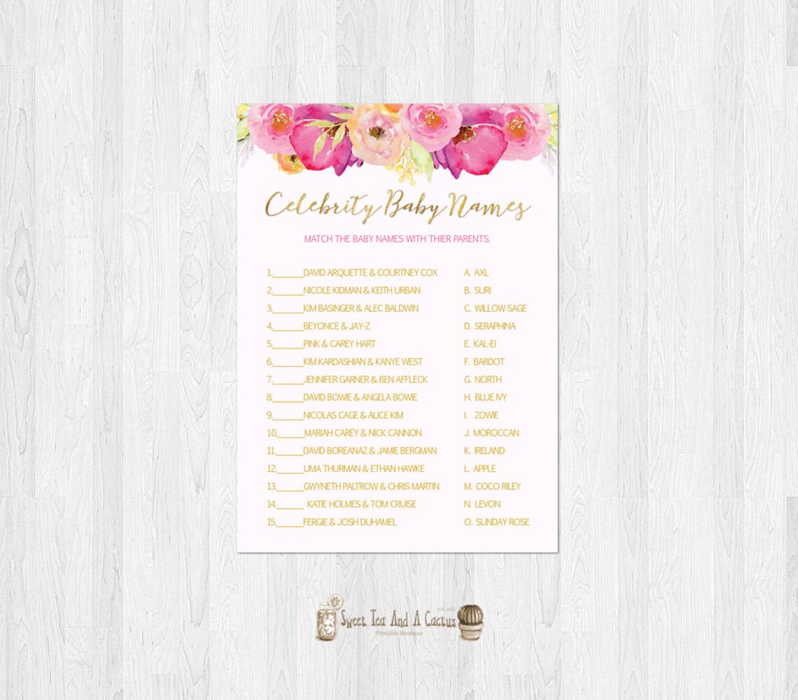 Pink Floral Baby Shower Celebrity Baby Names Match Game - Etsy