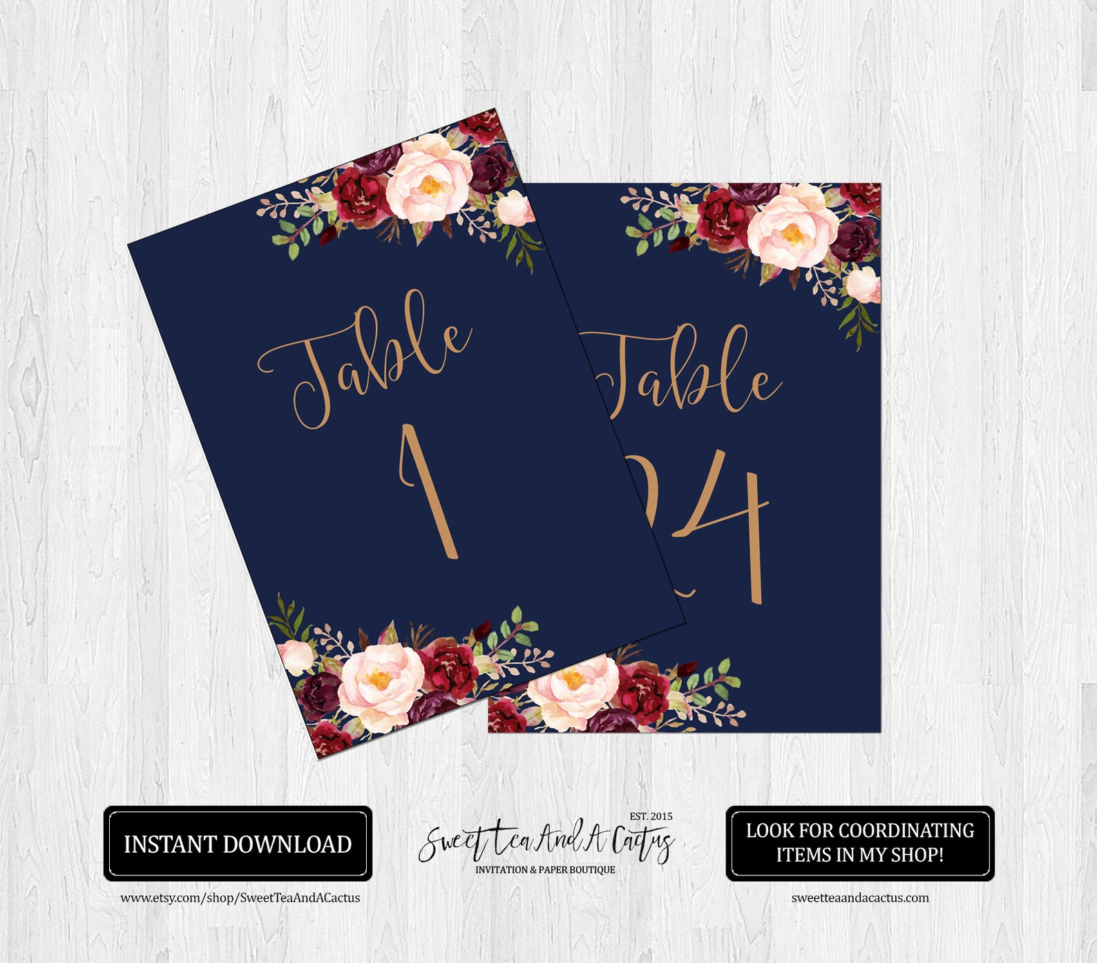 Marsala Floral and Navy Blue Table Numbers Wedding Table - Etsy
