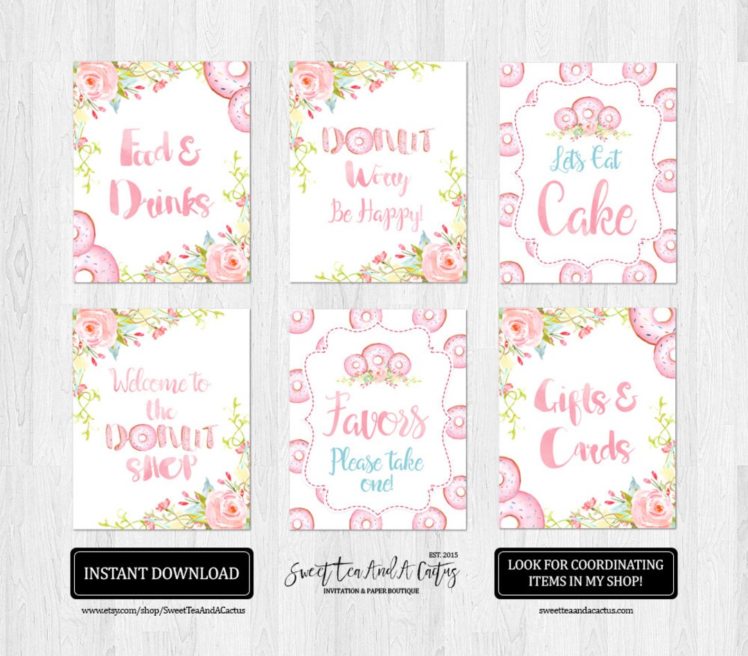 Donut Birthday Party Printable Sign Bundle Set Pink Floral Girls Party ...