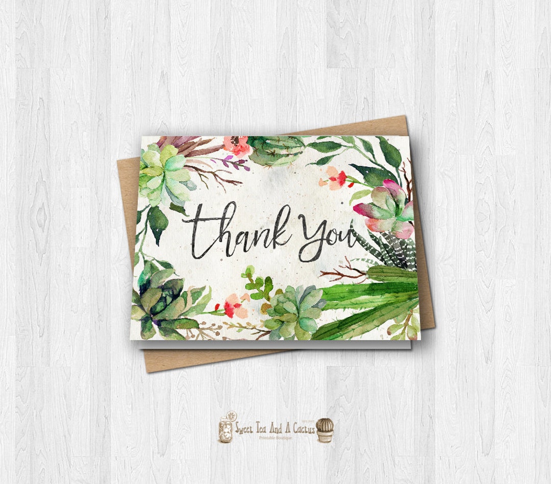 Cactus Floral Thank You Card Printable Rustic Succulent Digital File ...