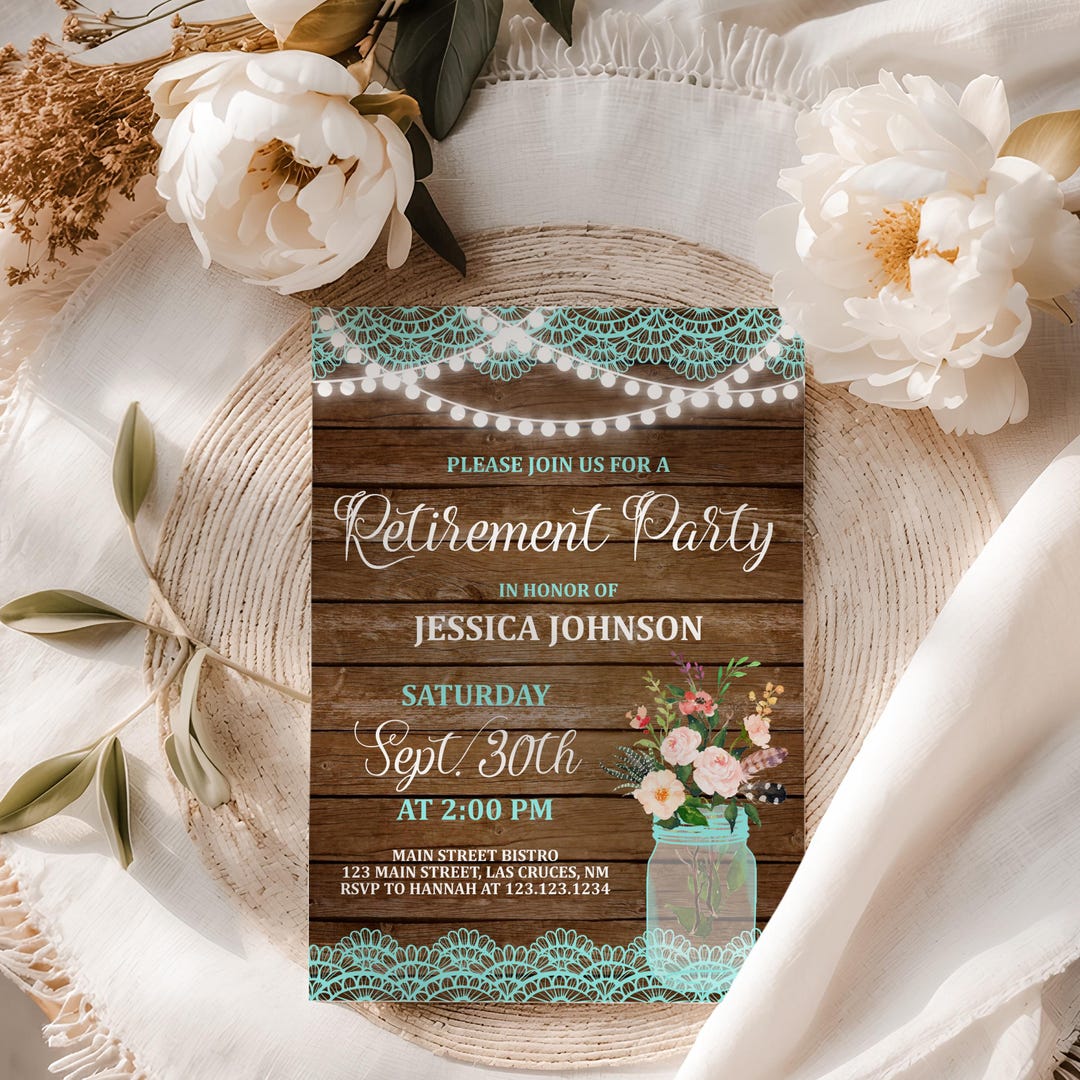 Rustic Retirement Party Invitation Country Barn Turquoise Lace Floral ...
