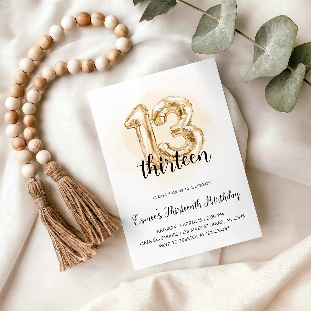 Thirteenth Birthday Invitation - Gold Balloon 13 Invites - Editable ...
