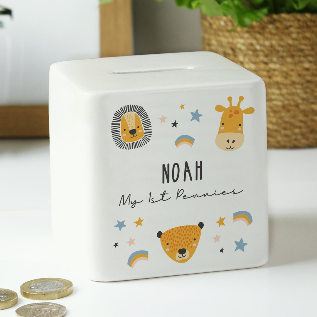 Personalised Scandi Safari Animals Ceramic Money Box: Christening Gift ...