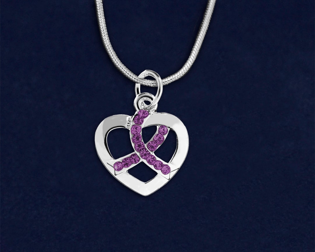 Silver Heart Crystal Purple Ribbon Necklace - Etsy