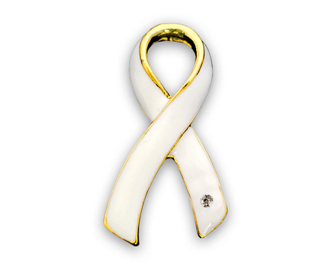 Large White Ribbon Awareness Pins for Lung Cancer, Bone Cancer ...