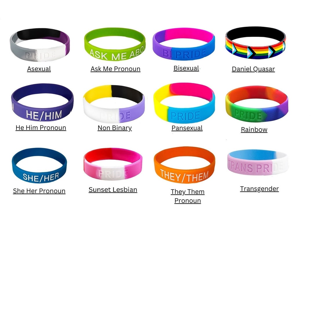 Gay Pride Silicone Wrist Band Bracelets, LGBTQ Pride, Pronoun, Rainbow, Transgender, Bisexual ...