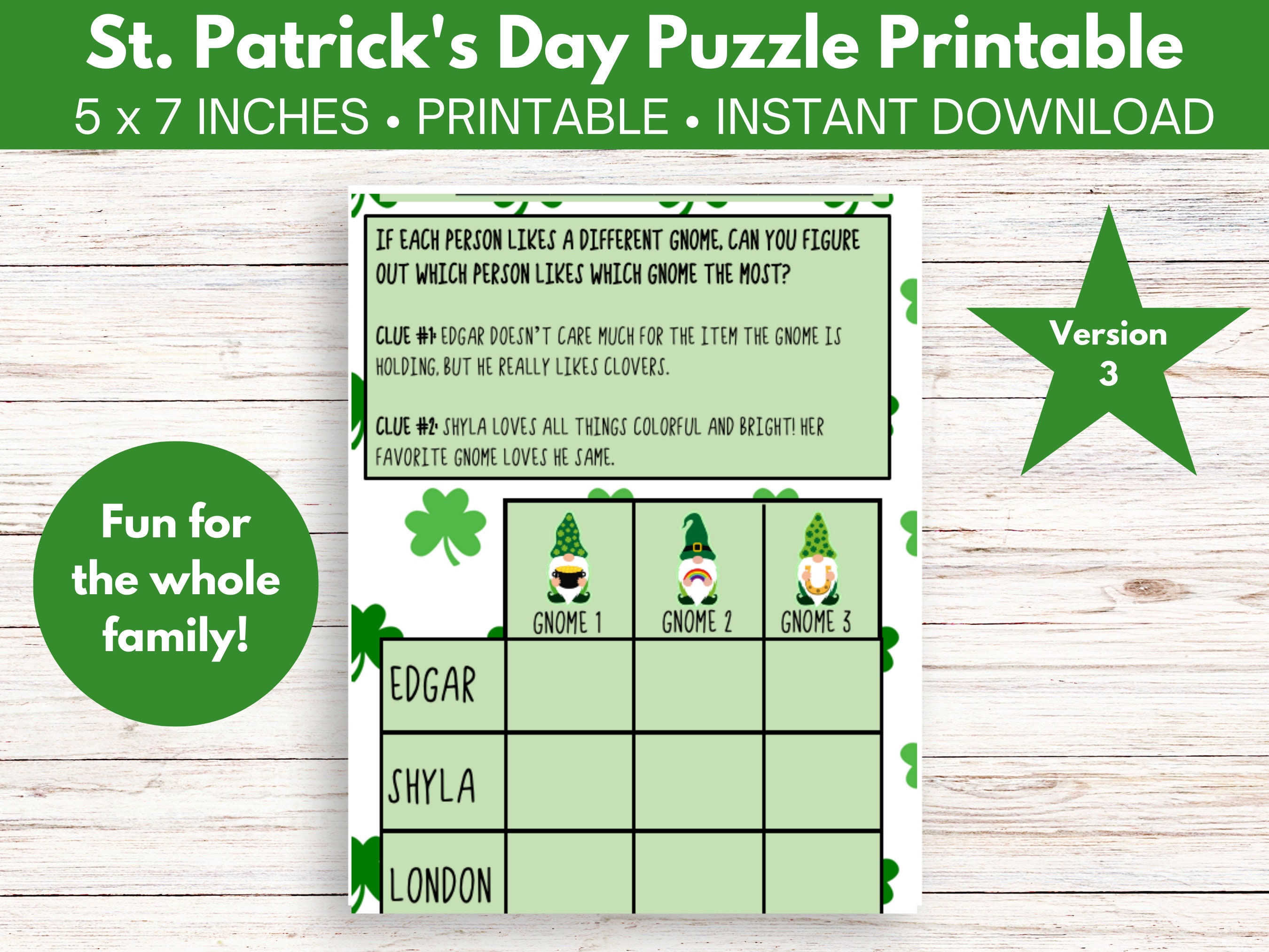 St. Patrick's Day Printable Logic Puzzle Fun Version 3 W/answer Key - Etsy