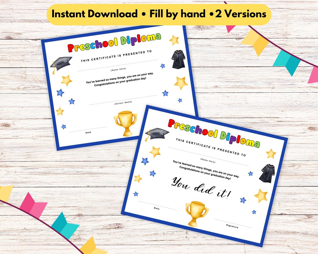 Preschool Diploma Printable, DIY Instant Download Printable PDF ...