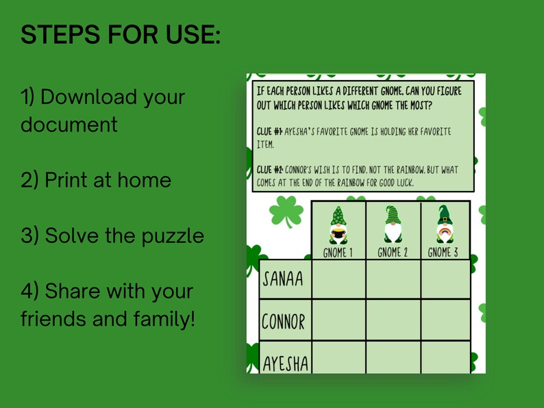 St. Patrick's Day Printable Logic Puzzle Fun Version 2 W/answer Key ...