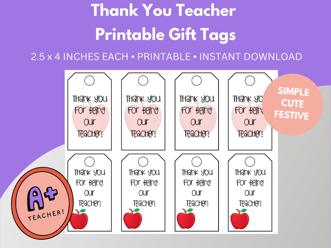 Thank You Teacher Printable Gift Tags End of the Year Gift - Etsy