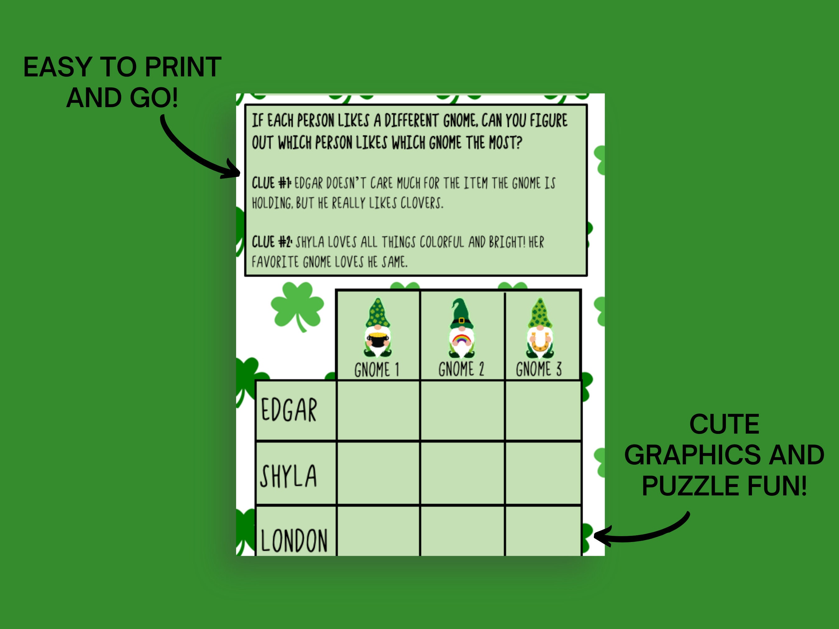 St. Patrick's Day Printable Logic Puzzle Fun Version 3 W/answer Key - Etsy