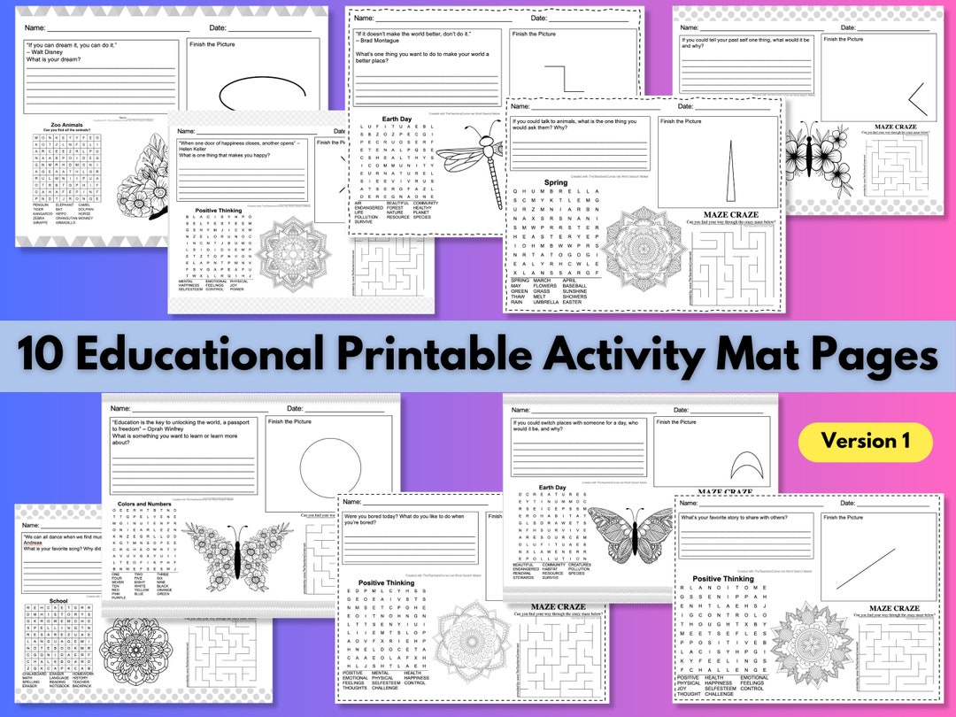 10 Educational Printable Activity Puzzle Coloring Writing Drawing Mat ...