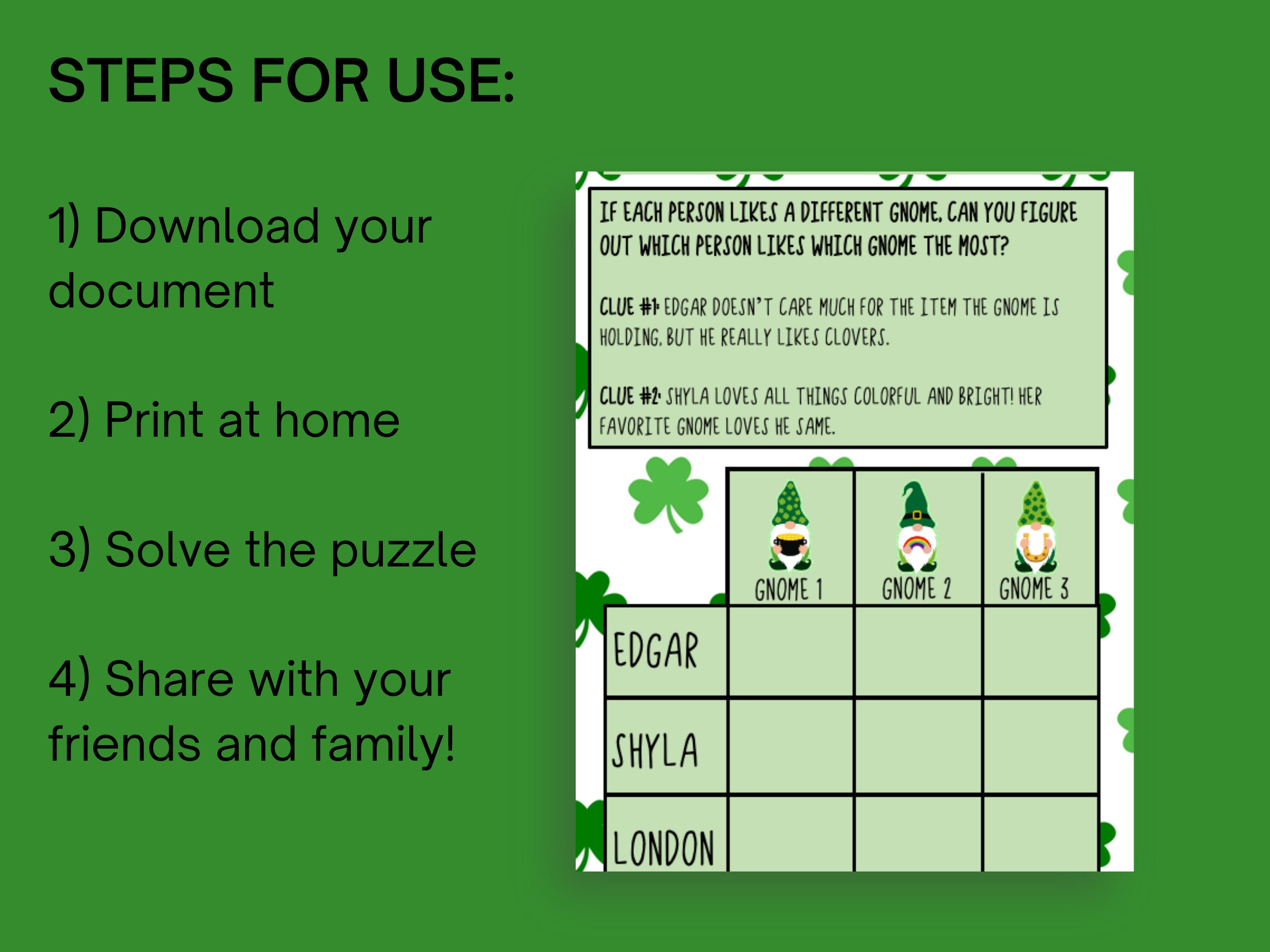 St. Patrick's Day Printable Logic Puzzle Fun Version 3 W/answer Key - Etsy