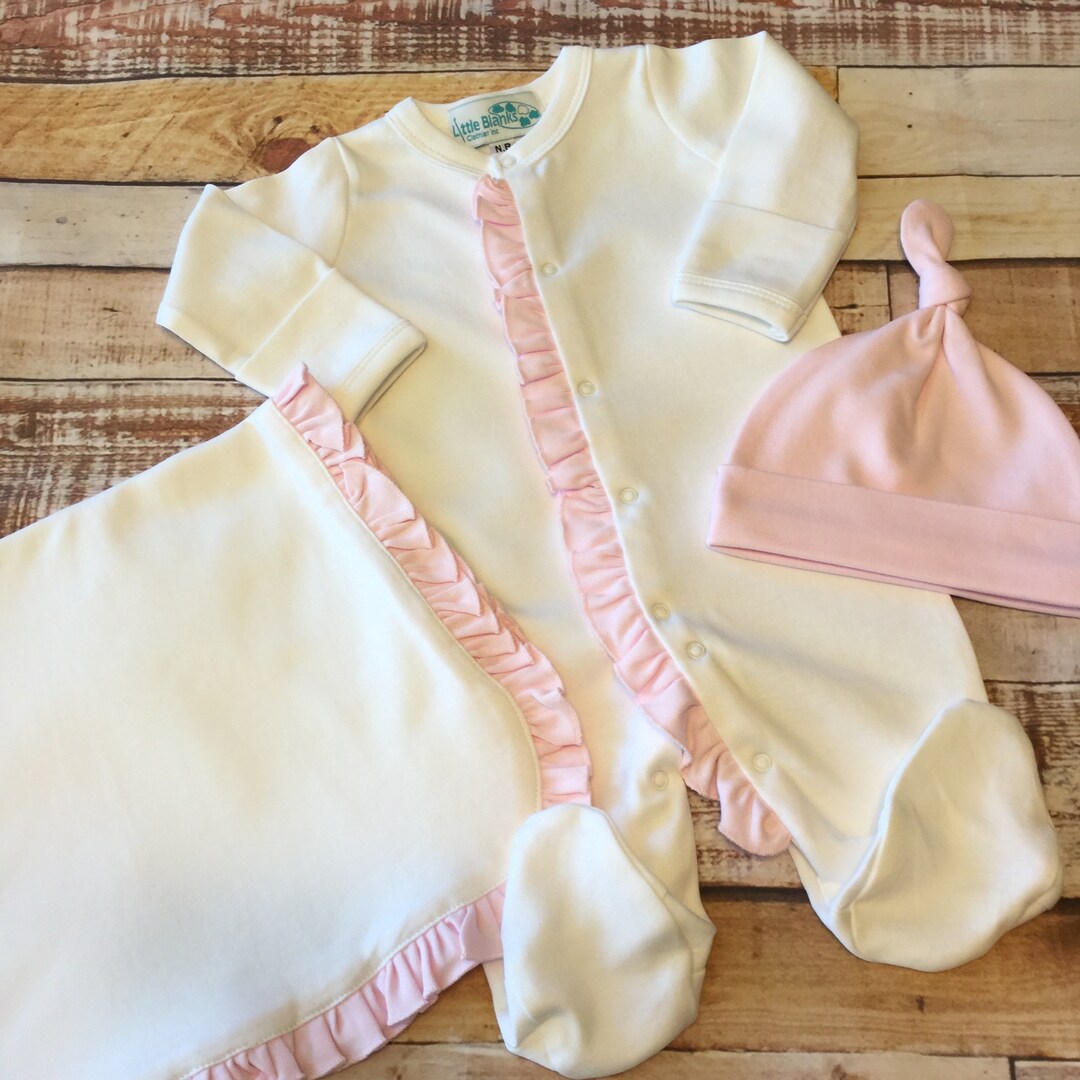 Bring Home Layette Set White With Pink Ruffles Footie Burp and Bow Hat ...