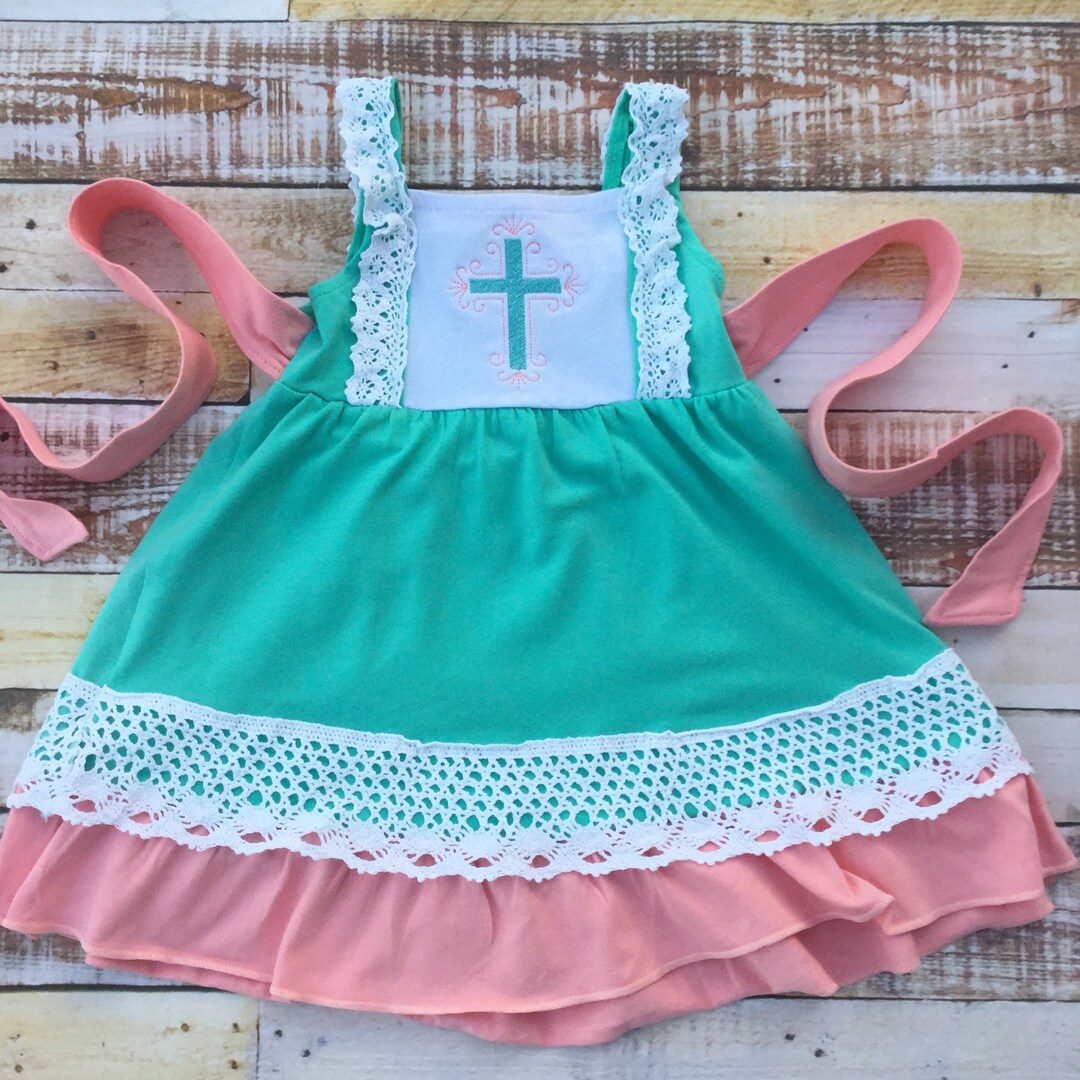 Easter Dress With Christian Cross, Blank or Monogrammed. Teal and Peach ...