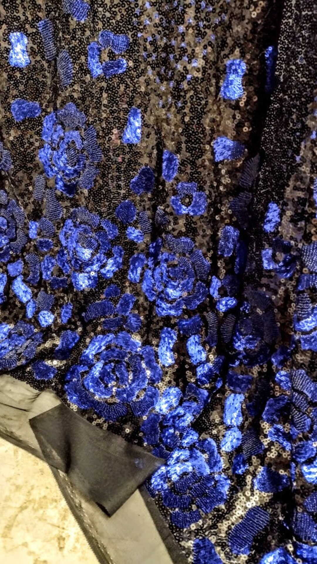 ROYAL BLUE BLACK Sequin Mesh Roses Floral Stretched Embroidery Mother ...