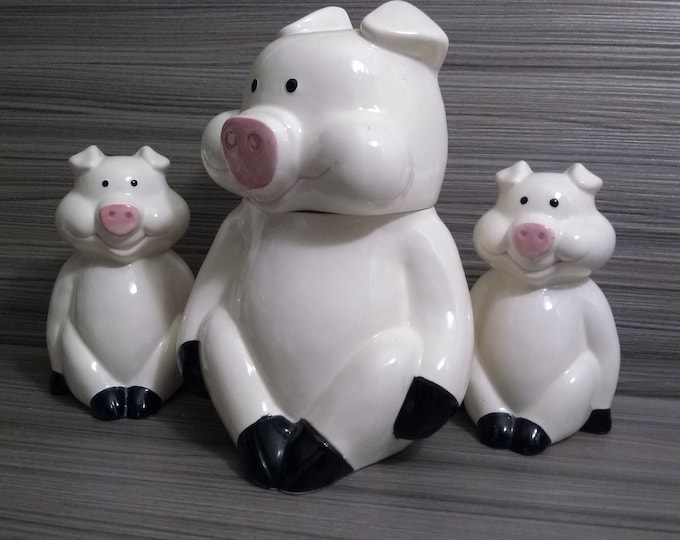 White Ceramic Pigs Family Cookie Jar Large Salt Pepper Shakers Setby ...