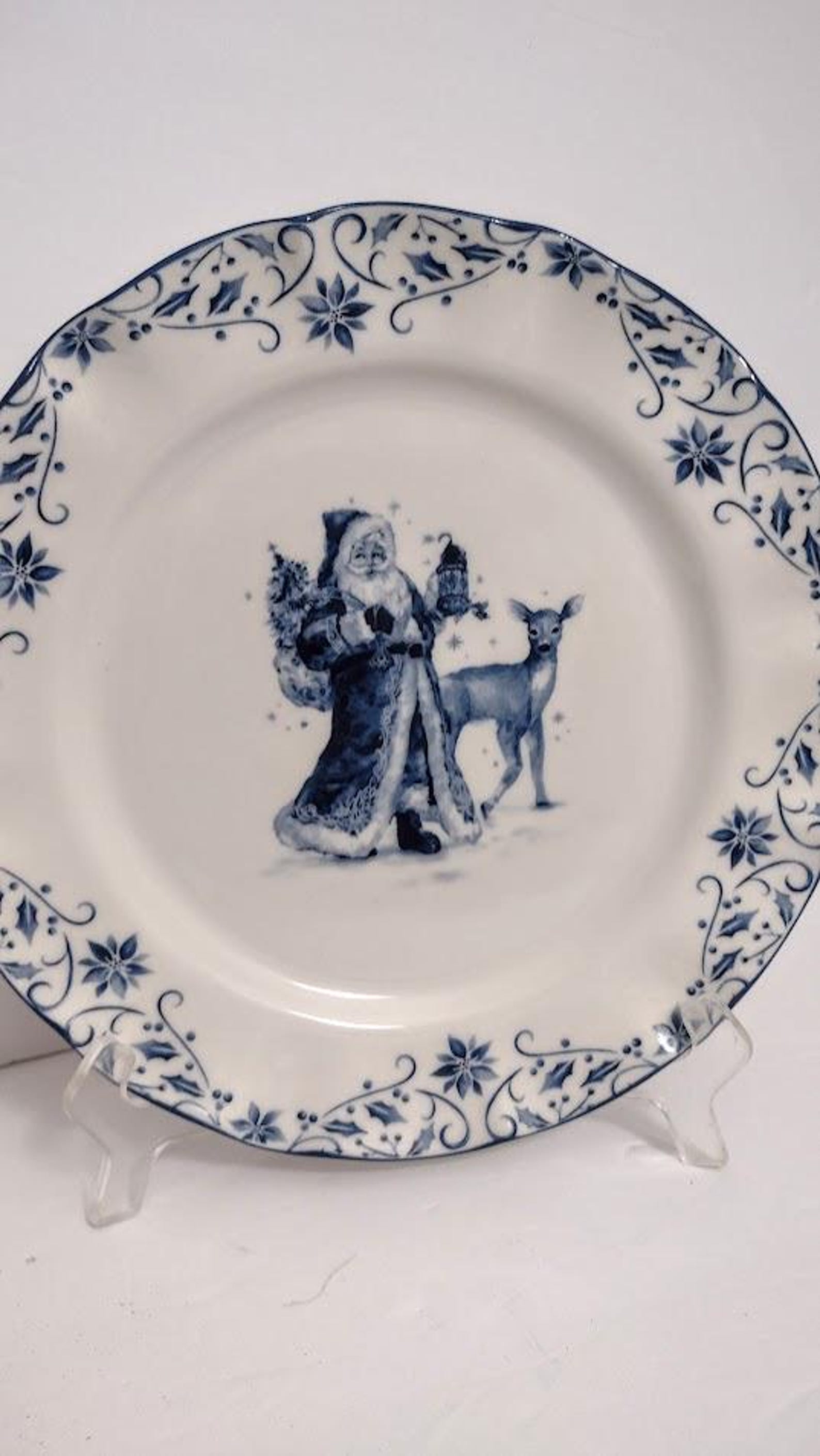 ONE Plate+napkin Christmas Blue Santa Claus With Deer Waved Floral Edge ...
