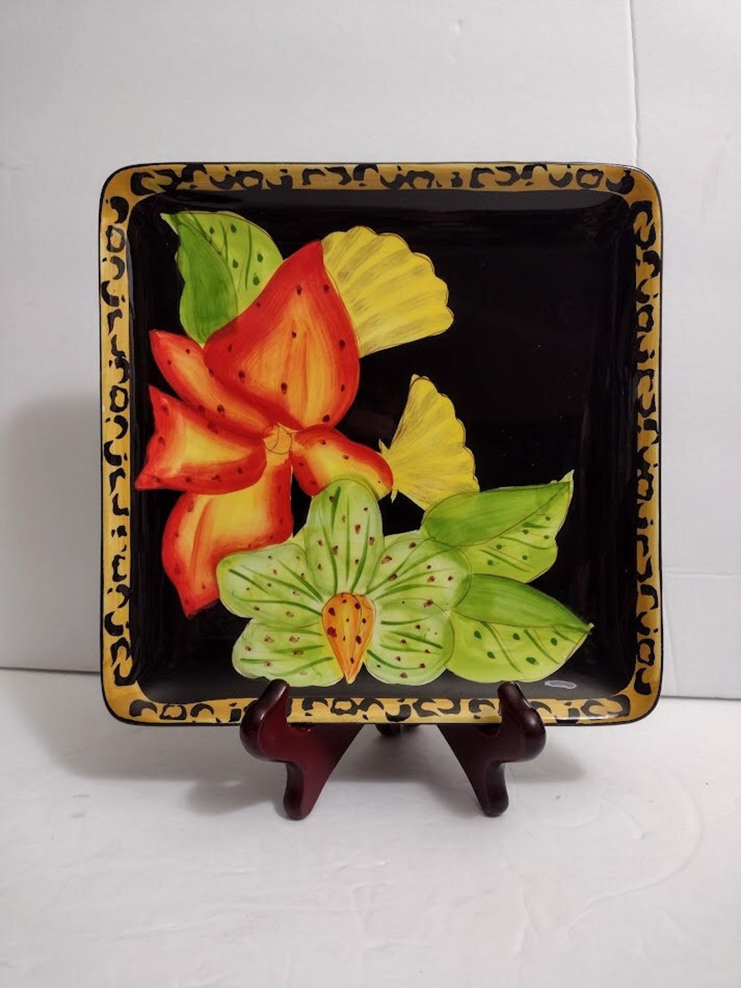 One Plate GATES WARE Laurie Gates Black Green Red Yellow ORCHIDS ...