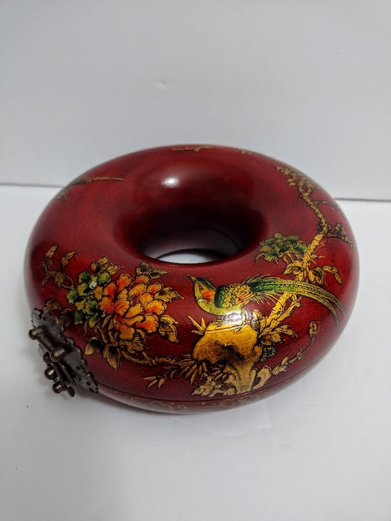 Oriental Asian PARADISE Bird Lacquer Donut Shape Wood… - Gem