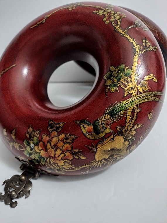 Oriental Asian PARADISE Bird Lacquer Donut Shape Wood… - Gem