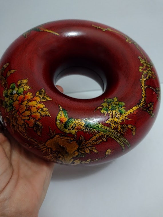 Oriental Asian PARADISE Bird Lacquer Donut Shape Wood… - Gem