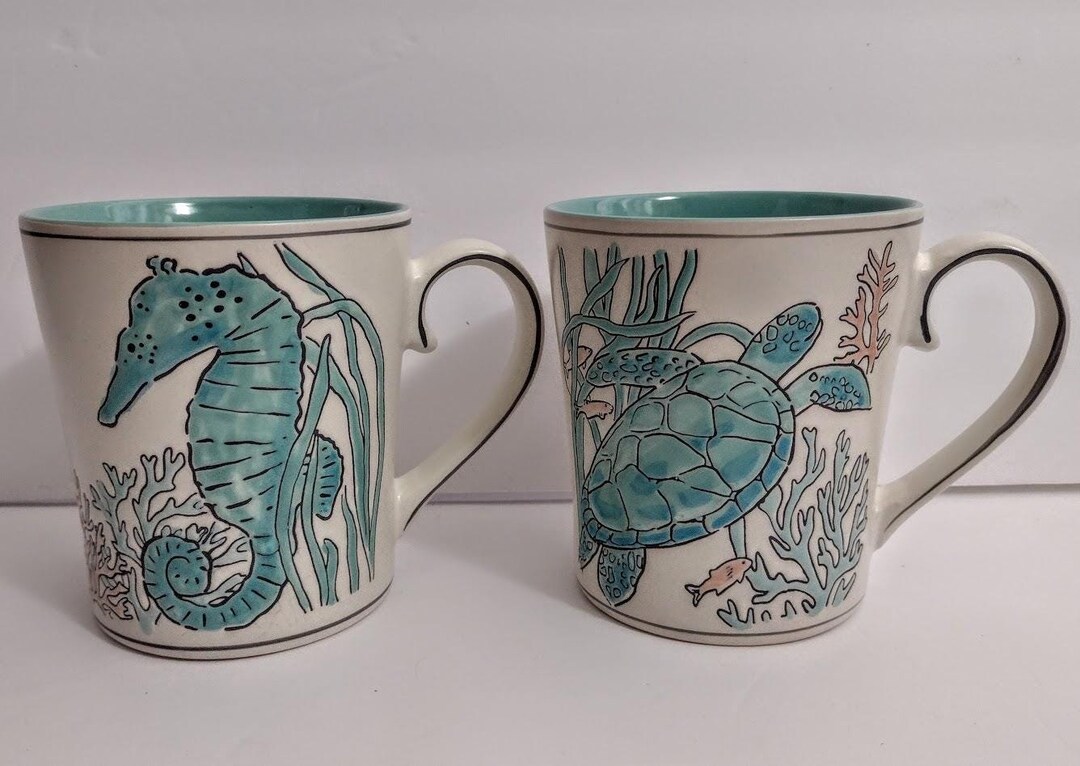 ONE Mug Ocean Sea World Marine Life SEAHORSE or TURTLE Corals Ceramic ...