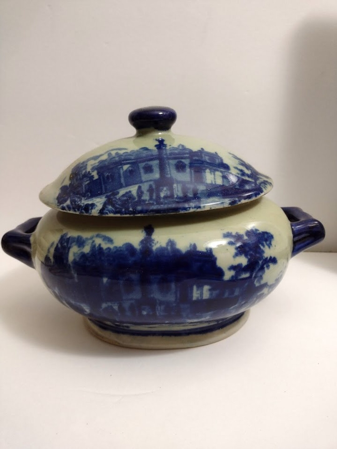 Celadon Royal Blue Victorian House Cityscape Tureen Soup Stew Serving ...