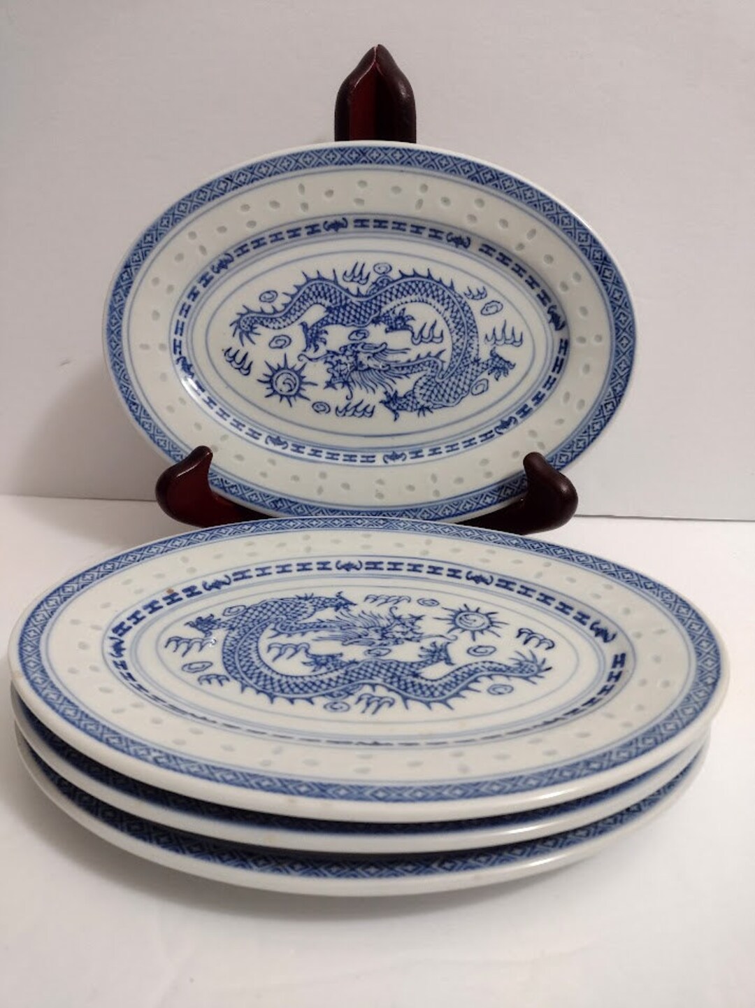 One Plate Chinese Blue DRAGON Rice Eye Sushi Appetizer Oval Plate 8 ...