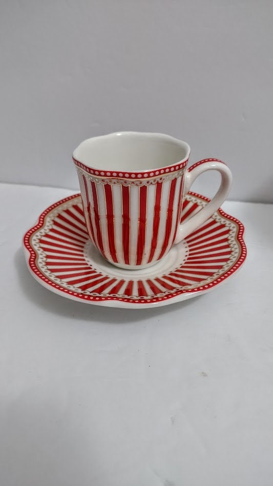 ONE Cup Saucer Mug Red White Stripes Polka Dot Christmas Demitasse Cup ...