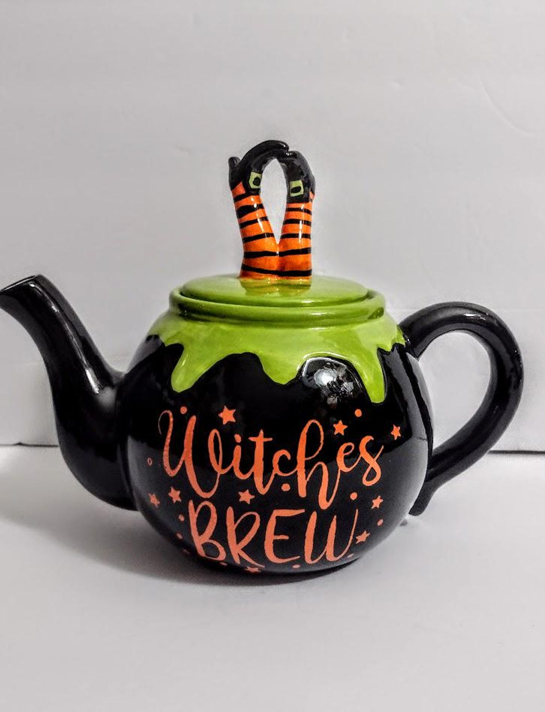 Witches Brew TEAPOT Orange Black Stripes Socks Legs Lid Handle ...