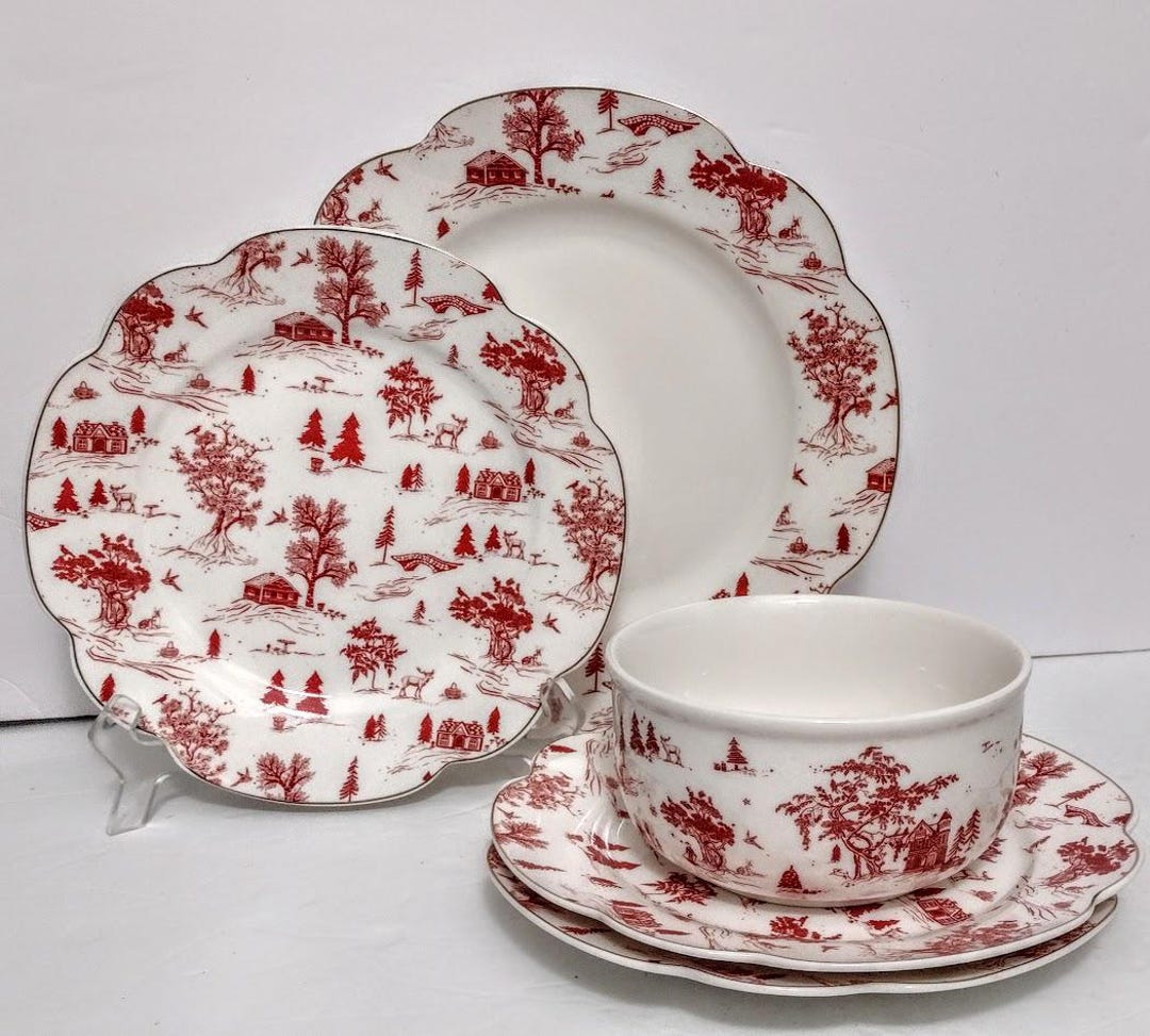 ONE Plate+napkin Grace Teaware Red Transfer Christmas Scenes Houses ...