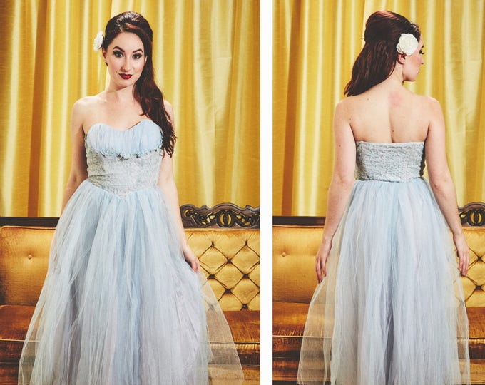 Vintage 1950s Debutante Light Blue Lace and Tulle Promenade Gown Size ...