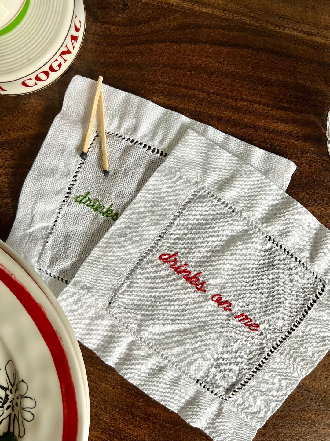 Embroidered "drinks on Me" White Linen Cocktail Napkins, Set of 4 ...