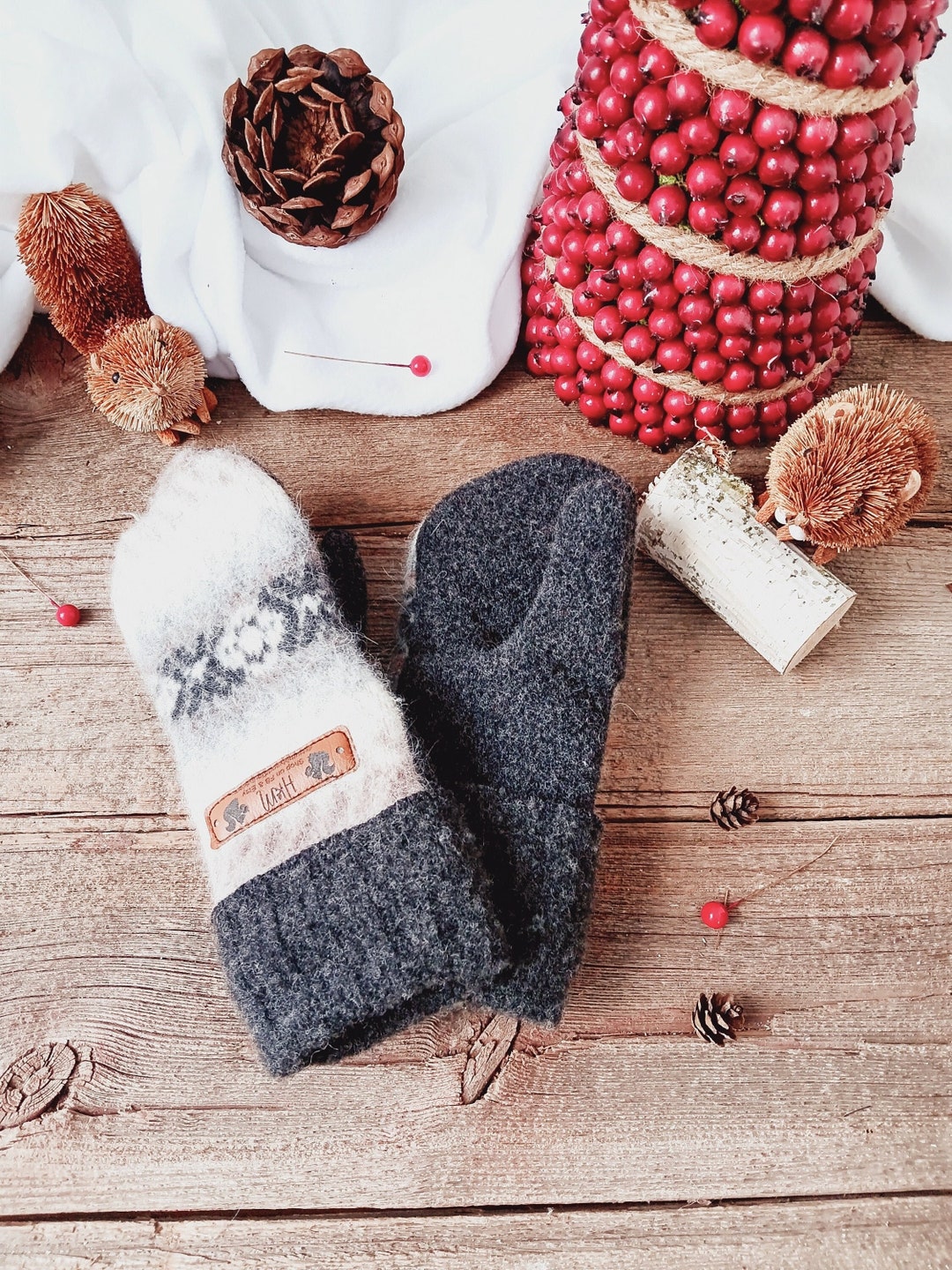 Kid's Angora Wool Ages 5-7 White Gray Mittens With Cozy Fleece Lining ...